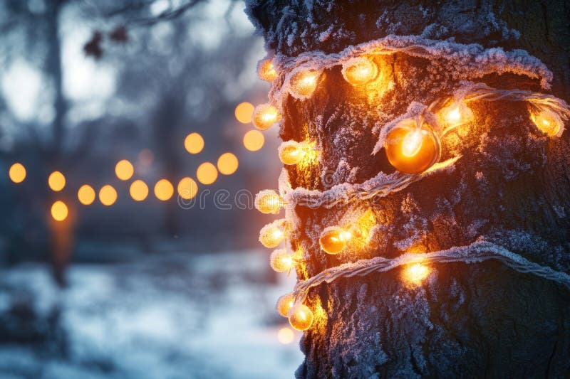 Winter Forest Adorned with Glowing Lights Wrapped Around a Tree Trunk ...