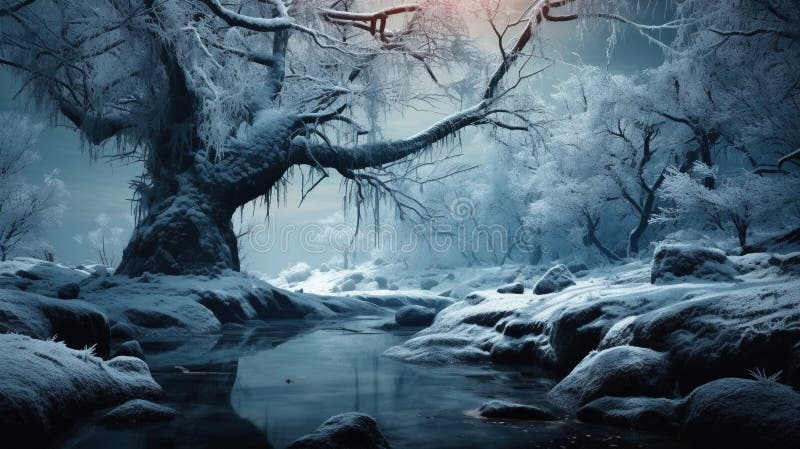 Winter Forest with a Big Tree and a Frozen River Background Stock ...