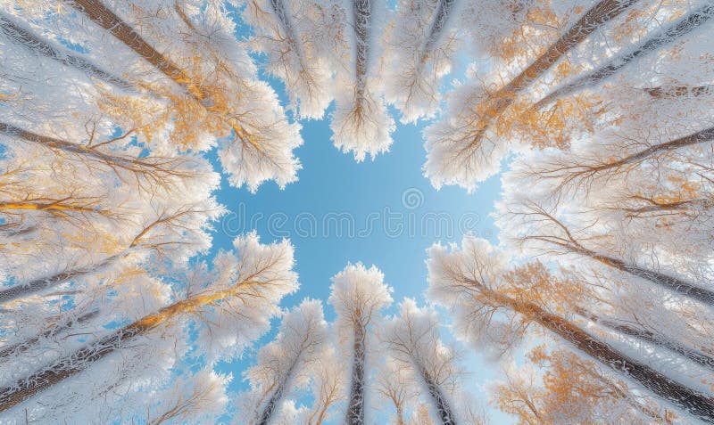 Winter Forest Canopy with Frosted Trees and Clear Blue Sky Stock Image ...