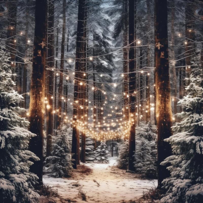 Winter Forest with Christmas Lights - Winter Landscape - Christmas ...