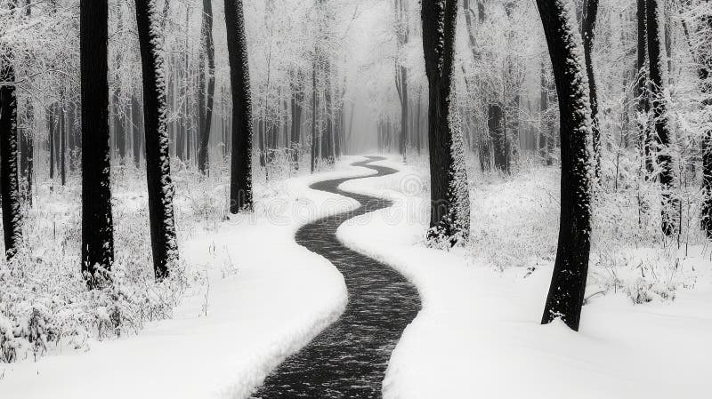 Winter Forest Covered Fresh Snow Single Path Winding Stock Photos ...