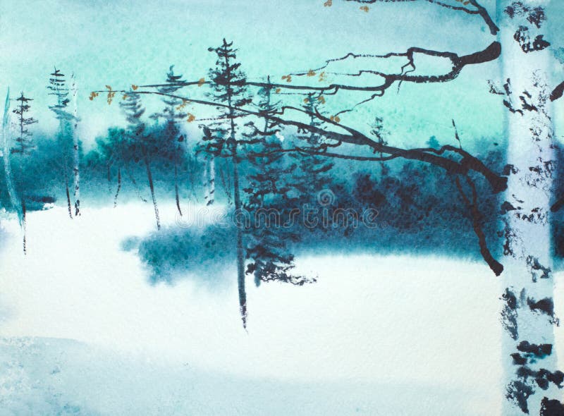 Winter Forest in the Emerald Twilight Stock Illustration - Illustration ...