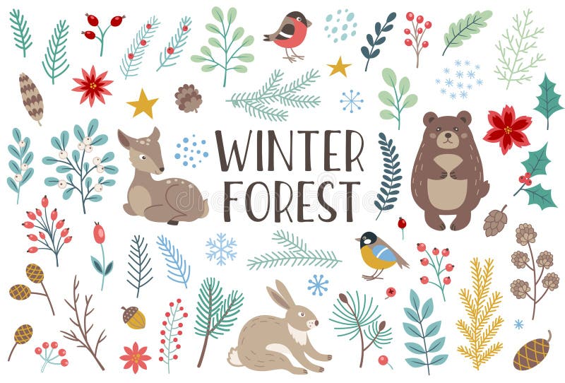 Winter Forest Floral and Animals Design Elements Stock Vector ...