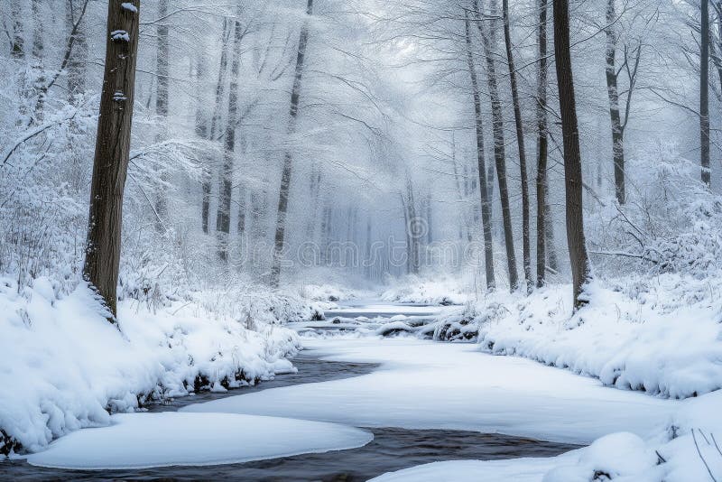 Winter Forest with a Frozen Stream and Snow-covered Trees. by ...