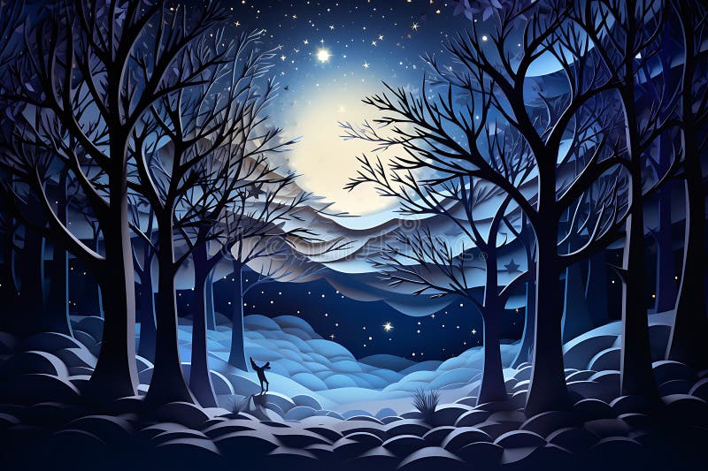 Winter Forest with Full Moon, Trees and Starry Sky. Paper Cut Vector ...
