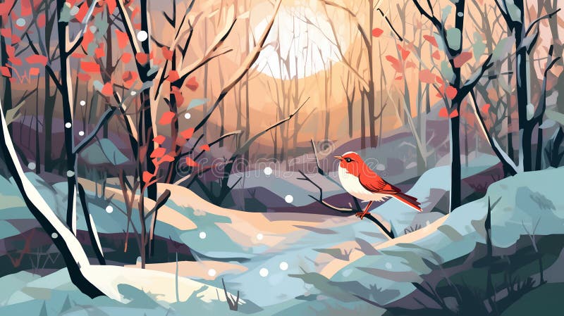 Winter Forest Landscape with Red Robin Bird on Branch. Vector ...