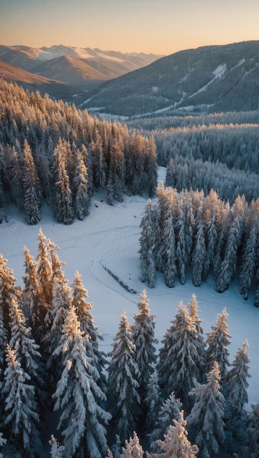Winter Forest Landscape with Snow and Golden Hour Light Stock ...