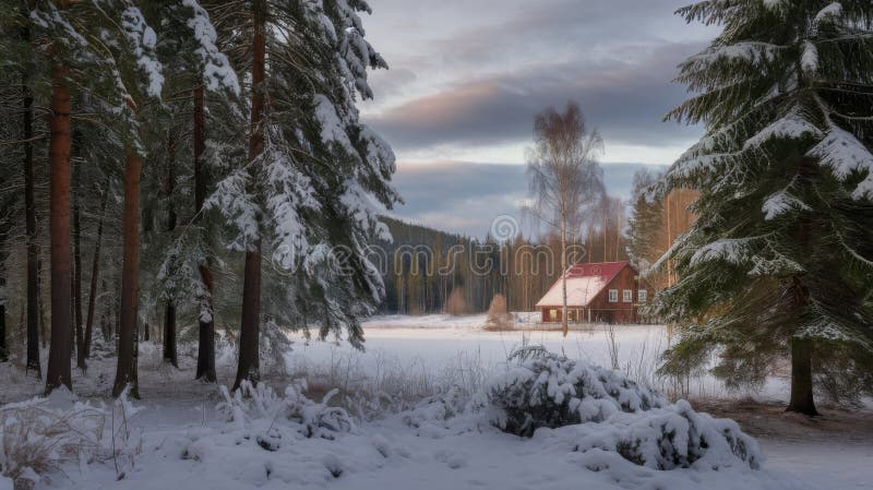 Winter Forest Landscape with Snow and House in Peaceful Setting Stock ...