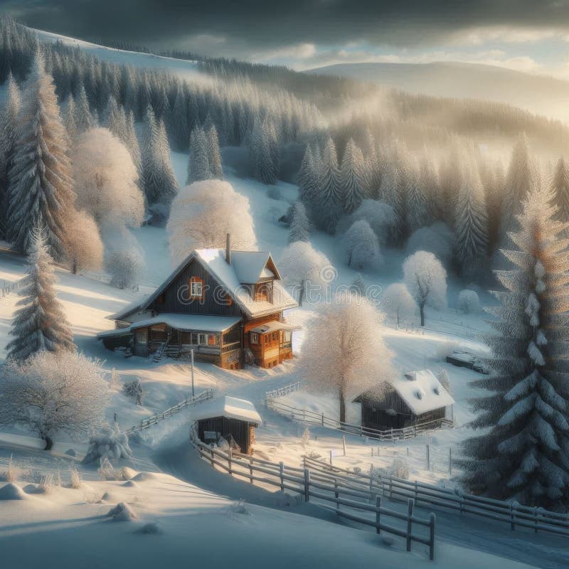 Winter Forest Landscape with Snow and House in Peaceful Setting Stock ...