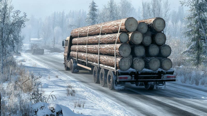 Winter Forest Logging Truck Transporting Timber on Snowy Road Stock ...