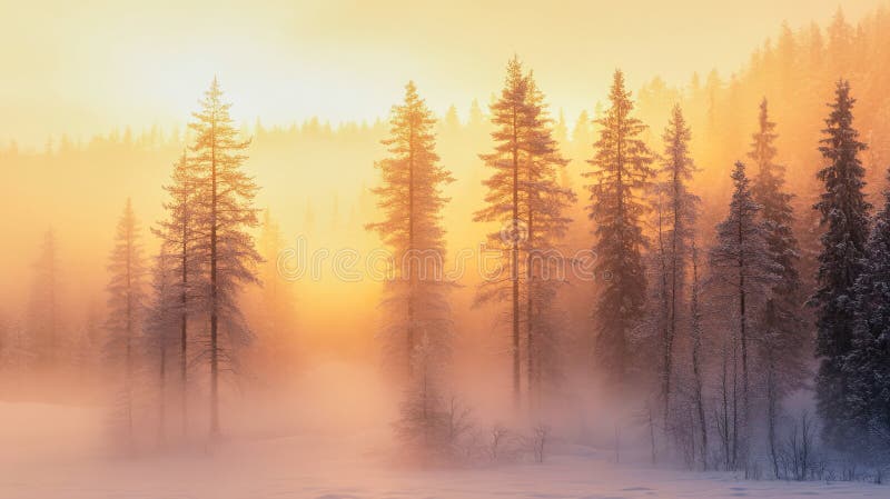 Winter Forest Mist in the Early Morning Light As Sunlight Breaks ...