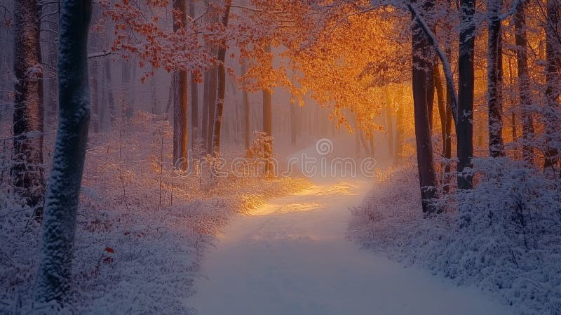Winter Forest Path Illuminated by Warm Light and Surrounded by Freshly ...