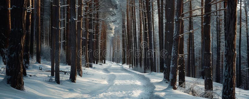 Winter Forest Path with Tall Trees Covered in Snow Stock Image - Image ...
