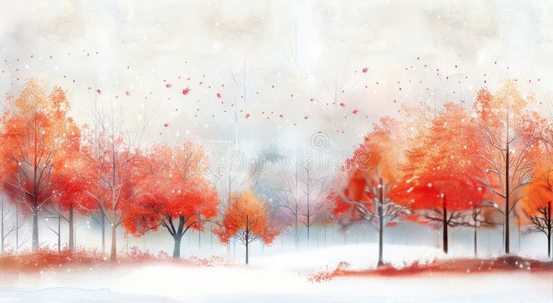 Winter Forest with Red Leaves Falling Stock Photo - Image of ...