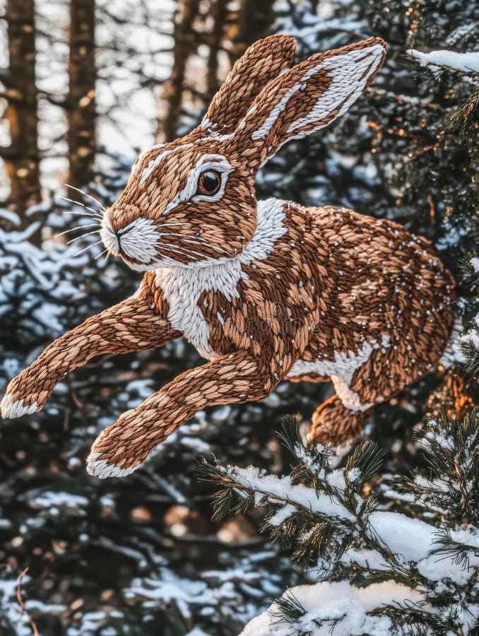 In a Winter Forest, a Reddish-brown Rabbit Hops Along Stock Image ...