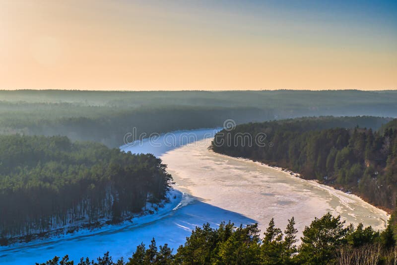 Winter Forest and River in the Sunset Background Stock Image - Image of ...