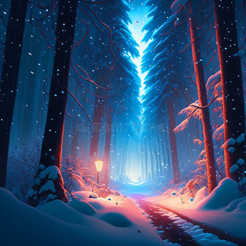 Winter Forest Road in the Night, 3d Rendering. Computer Digital Drawing ...