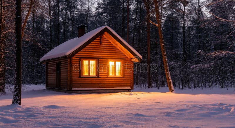 A Winter Forest Scene Features a Snow-covered Cabin with a Glowing ...