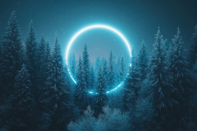 Winter Forest Scene, Neon Frame Featuring Frosted Pine Trees in a ...