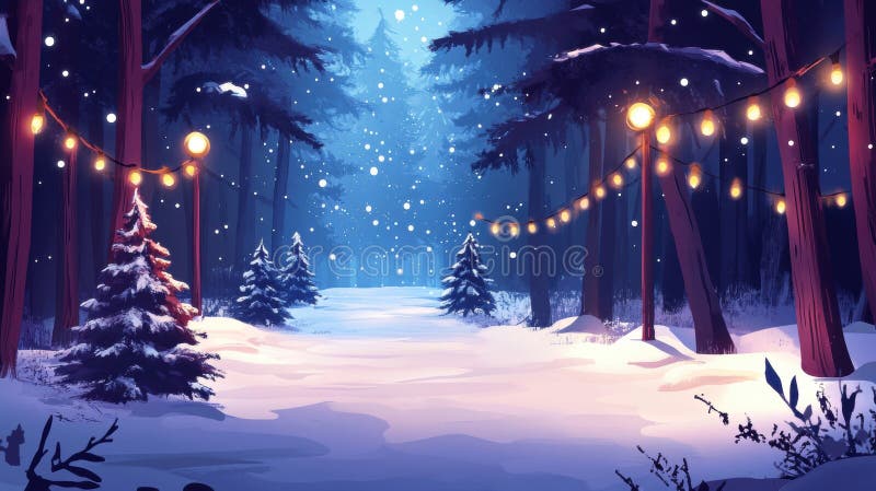 Winter Forest Scene with Snow and Christmas Lights Stock Illustration ...
