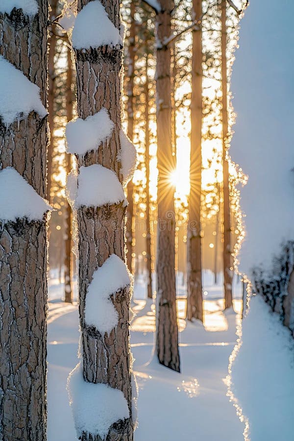 Winter Forest Scene with Snow Covered Trees and Sun Rays through the ...