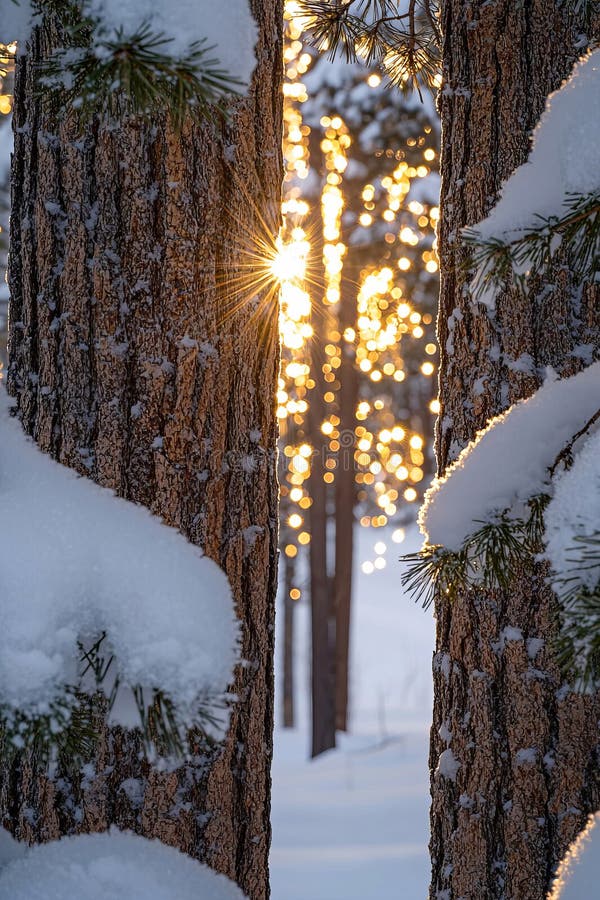 Winter Forest Scene with Snow Covered Trees and Sun Rays through the ...