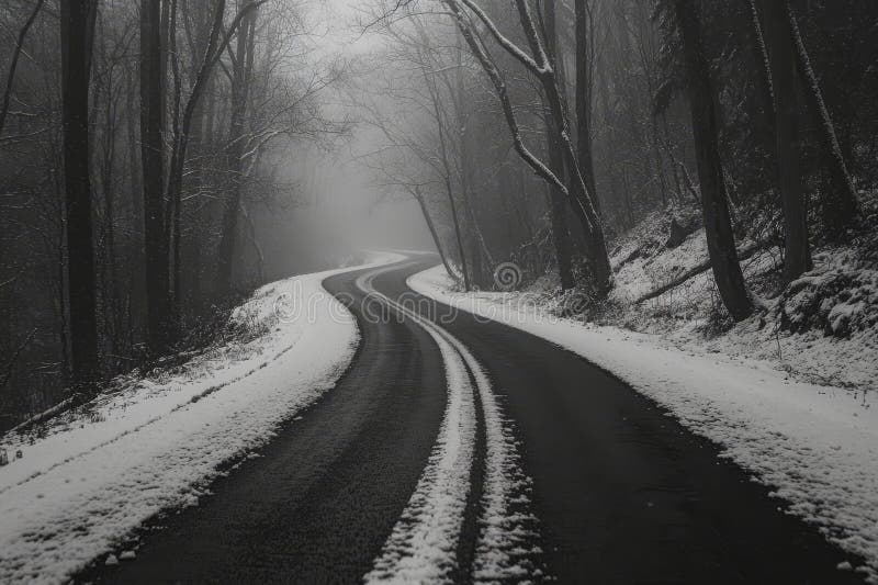 A Winter Forest is the Setting for an Empty Asphalt Road Being Covered ...