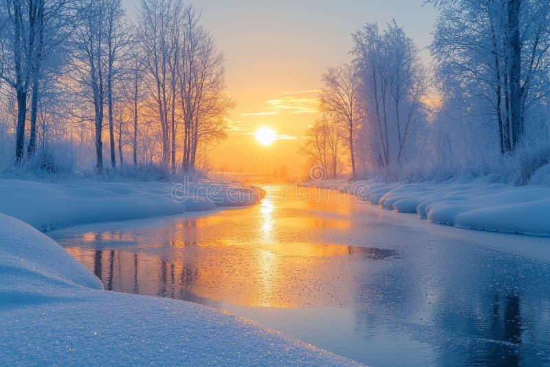 A Winter Forest Stands by the River at Sunset, Offering a Panoramic ...
