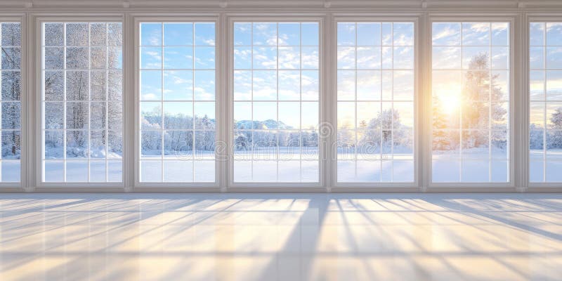 Winter Forest View from Empty Room: Large Windows Frame a Snowy ...
