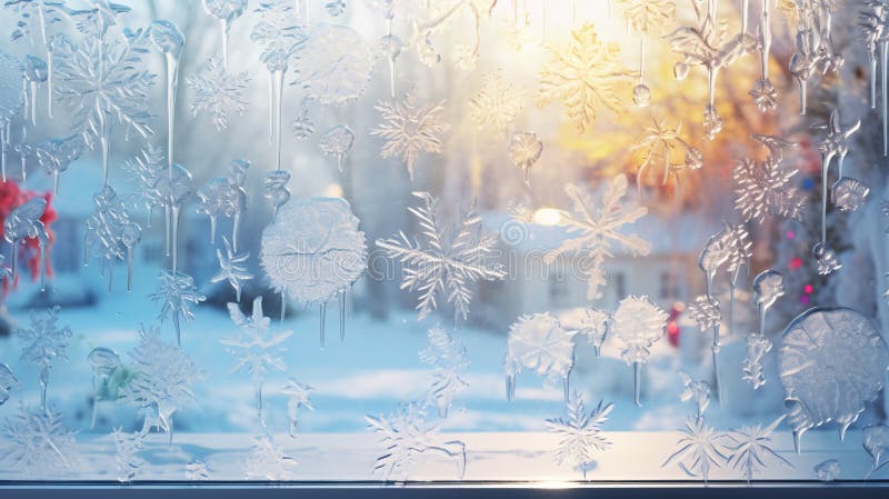 Winter Frost on Glass with Small Decorations on or Behind the Window ...