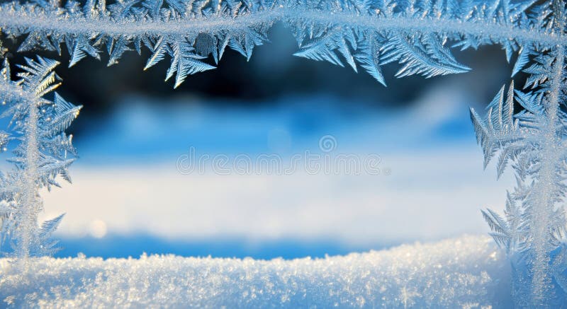 Winter Frost Patterns on Glass with Snowy Background in Sunlight Stock ...