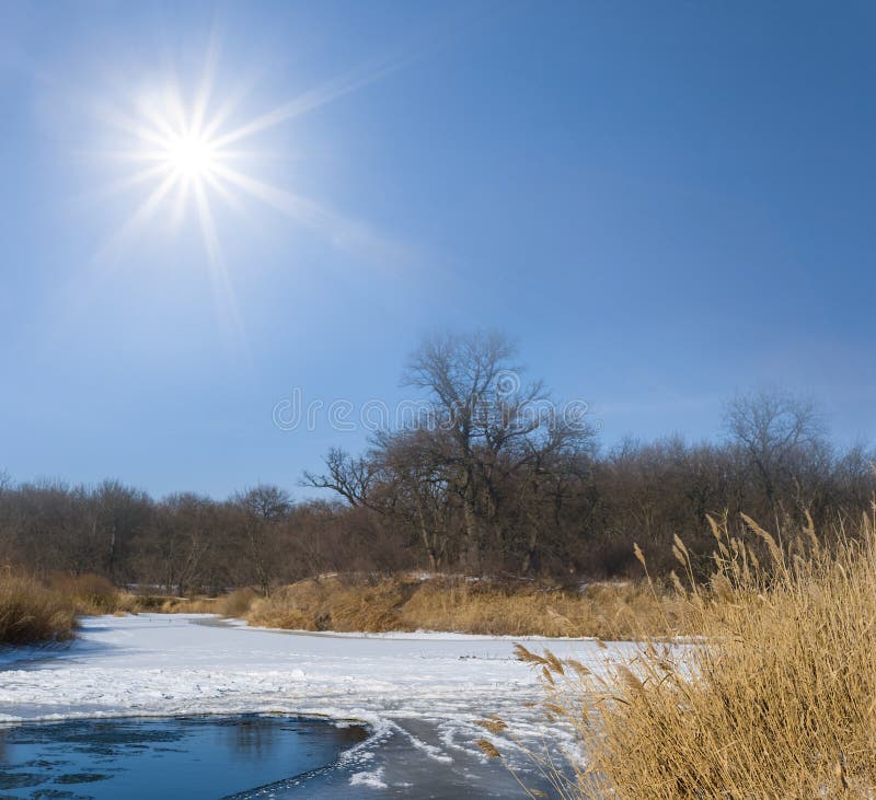 Frozen River at the Sunny Winter Day Stock Photo - Image of river ...