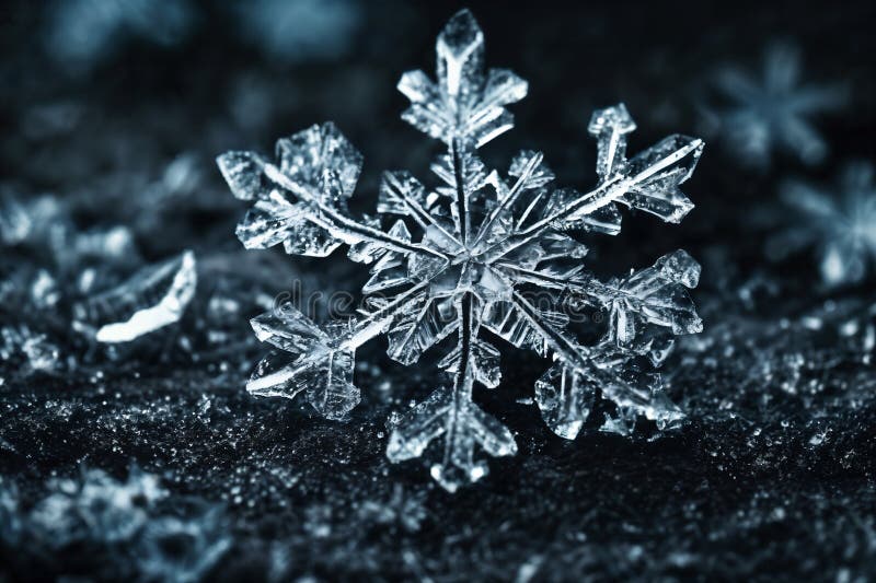 Winter Frozen Snowflake Close Up Macro on Dark Ice Background Stock ...