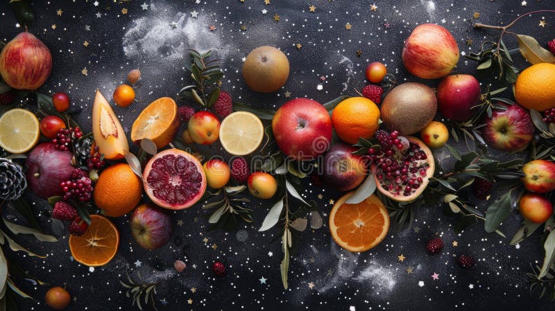 Winter Fruit Display with Mystical Celestial Elements Stock Illustration - Illustration of juicy ...