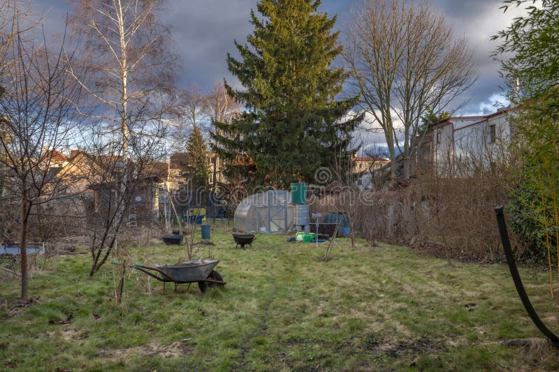 Winter Garden without Snow with Greenhouse and Spruce Tree Stock Image ...