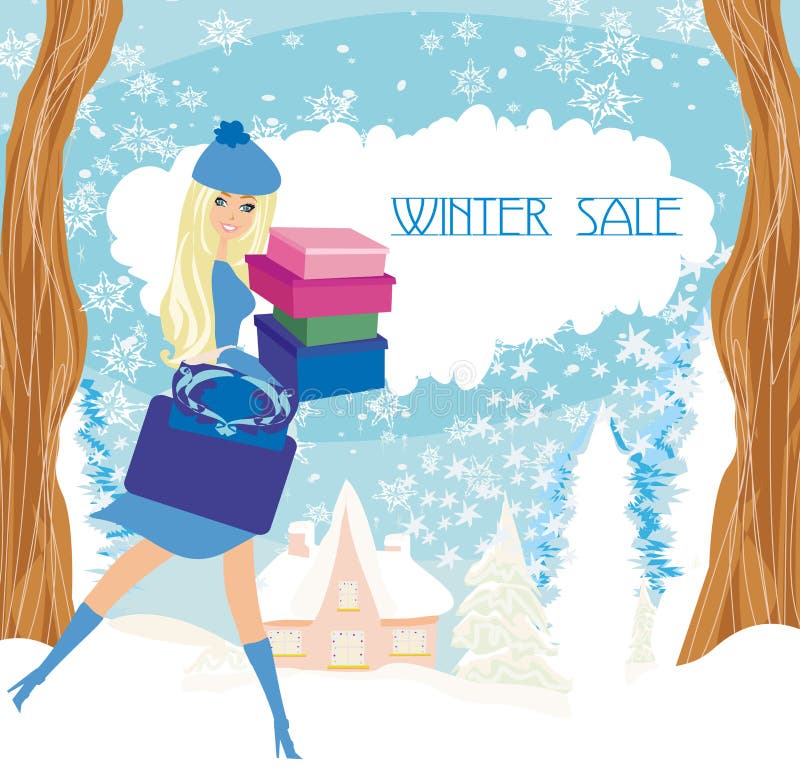 Winter girl with gift box stock vector. Illustration of blue - 96921909