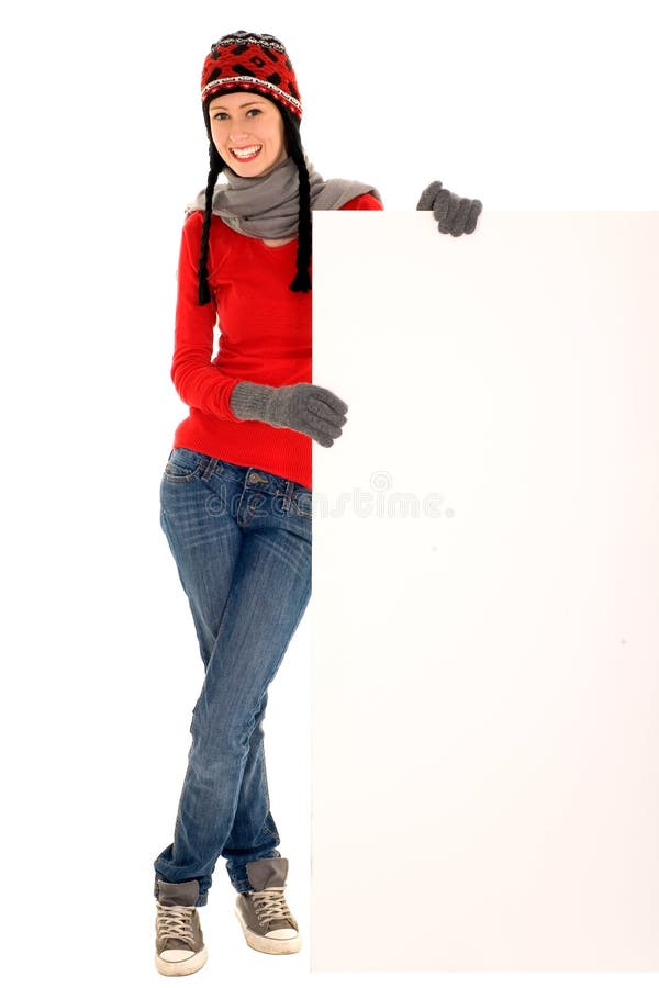 Winter Girl Holding Blank Sign Stock Image - Image of attractive, happy ...