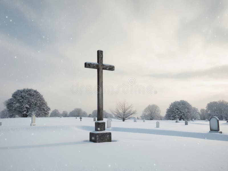 Winter Graveyard with Cross in Snowy Landscape. Stock Image - Image of ...