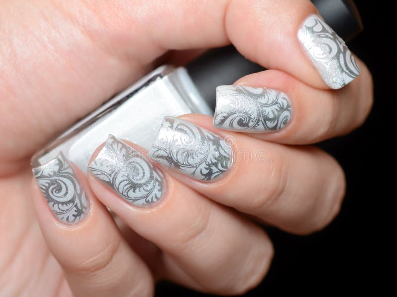 Grey Winter Manicure with a Ftosty Pattern Shimmer on a Black ...