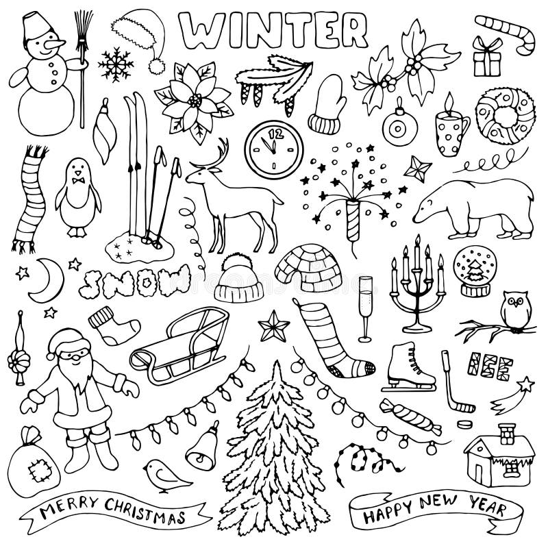 Winter Hand Drawn Doodle Set Stock Vector - Illustration of print ...