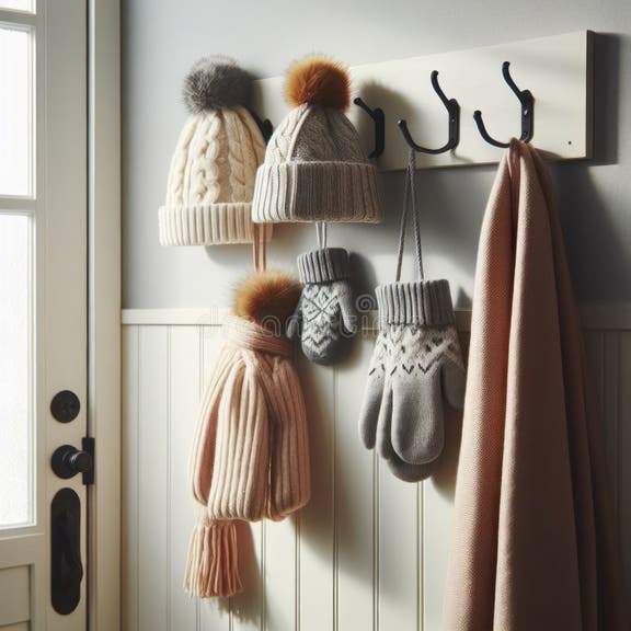 Winter Hats and Mittens on Hooks Stock Illustration - Illustration of ...