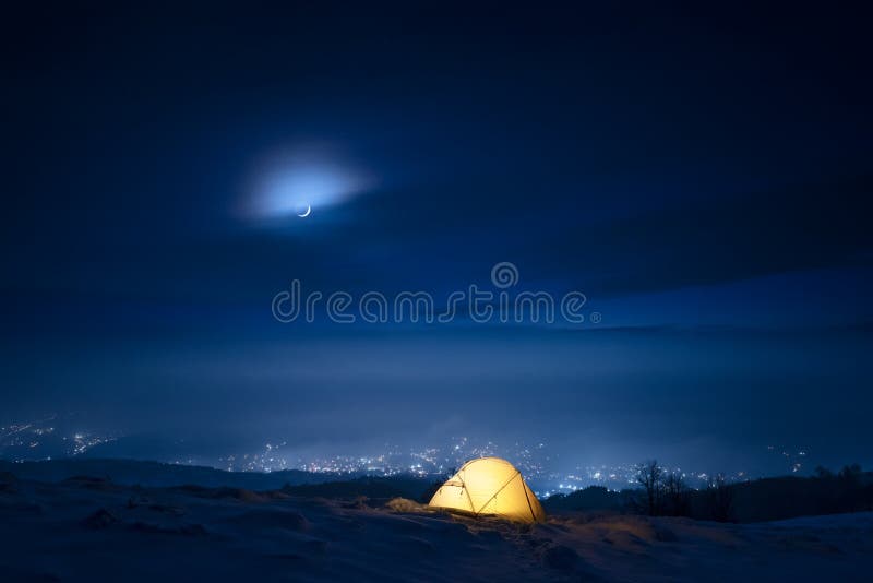 Winter hike with a tent stock photo. Image of moon, lifestyles - 236101132