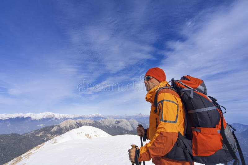 Winter Hiking in the Mountains with a Backpack. Stock Image - Image of ...
