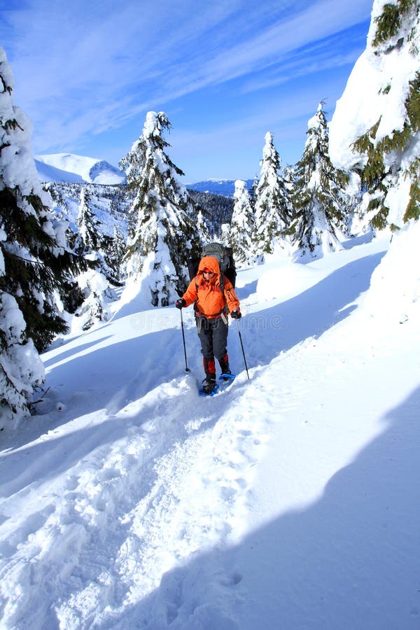 Winter Hiking in the Mountains on Snowshoes with a Backpack and Tent ...