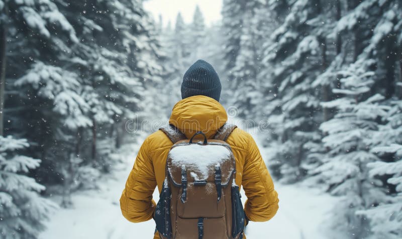 Winter Hiking in Snowy Forest with Backpack and Warm Jacket Stock Image ...