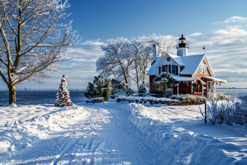A Winter Holiday Scene of a Lighthouse and Keeper S Quarters and Road ...