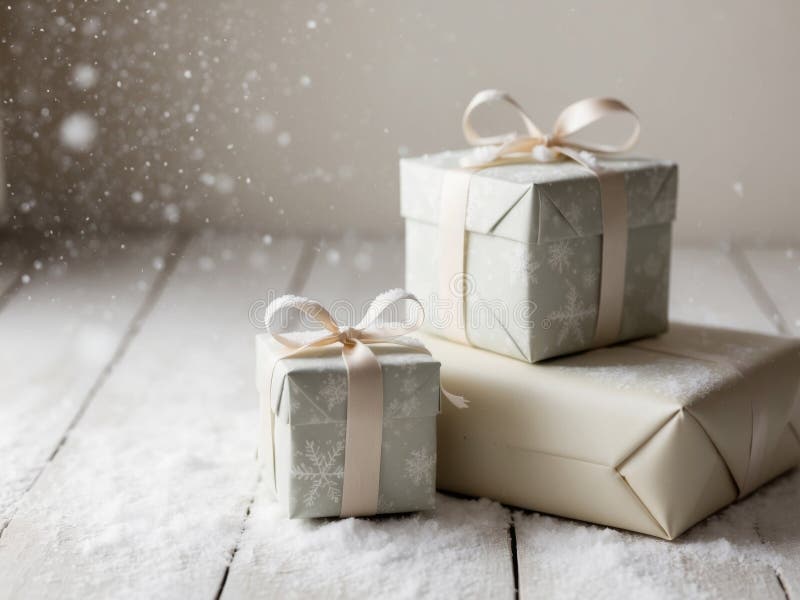 Winter Holiday Scene with Wrapped Gifts and Snowfall. Stock ...