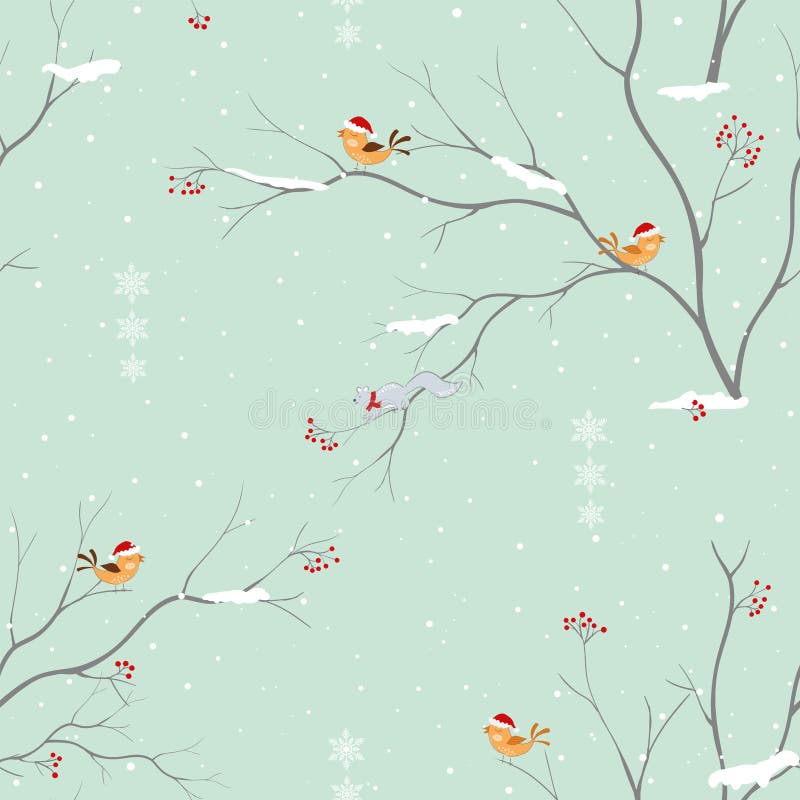 Winter Holiday Seamless Pattern with Cute Birds Happy on Soft Green ...