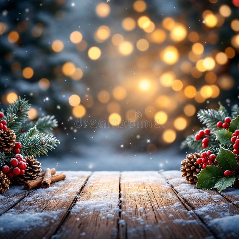 Winter Holiday Setting with Glowing Lights, Pine Branches, and Festive ...