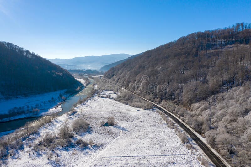 Winter Holidays Adventure. Cars on Winter Road Aerial Wiew Stock Photo ...